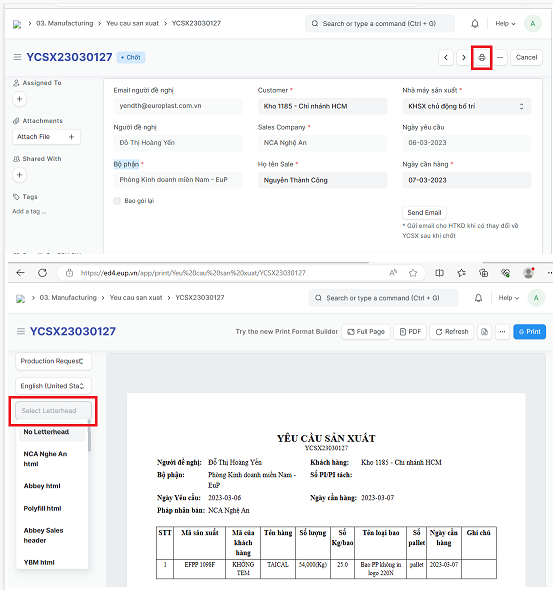 Manufacturing request
