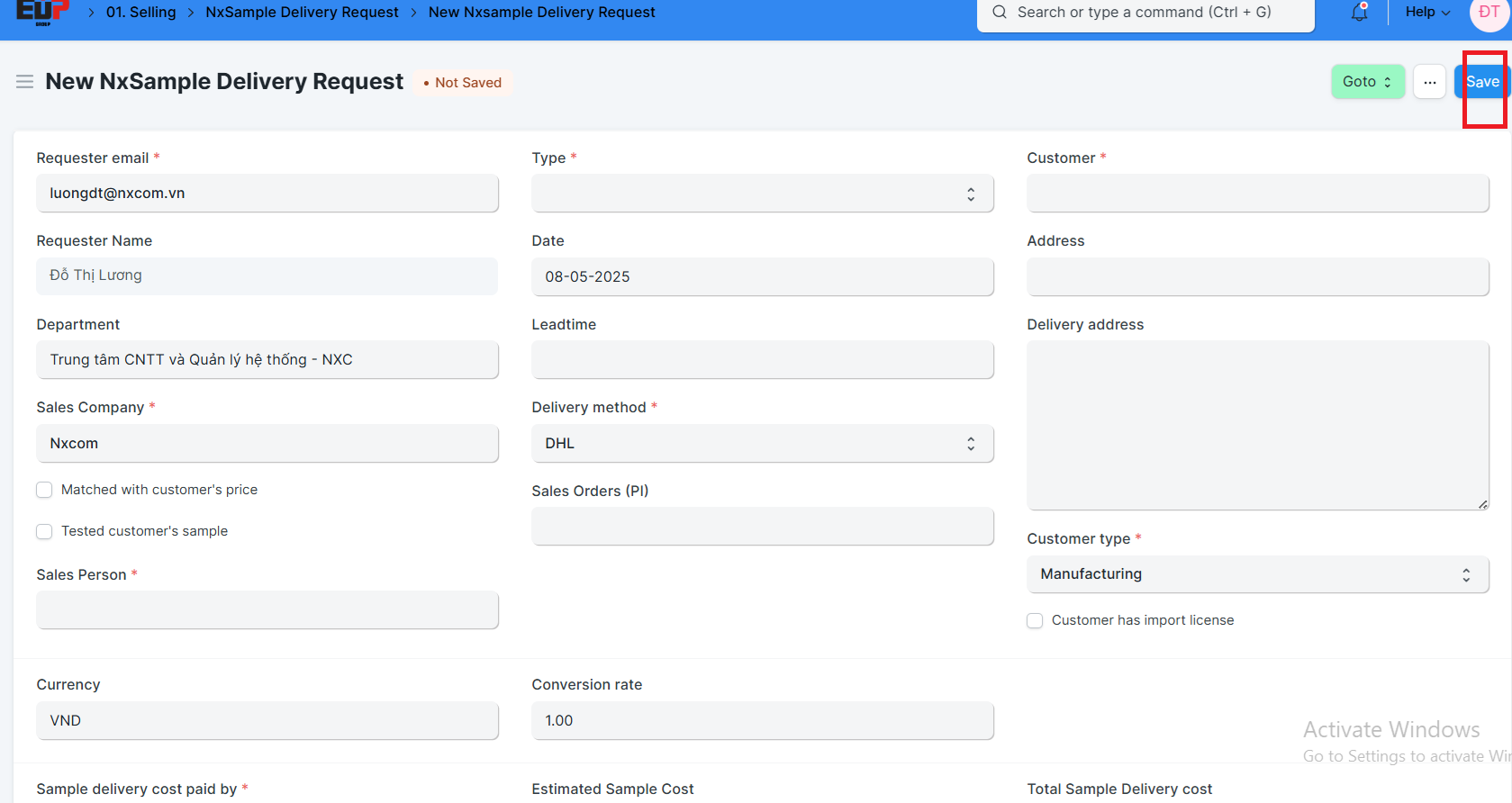 Eup - Sample Delivery Request